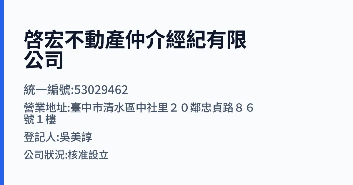 啓宏不動產仲介經紀有限公司 - 統編 53029462(臺中市) 公司登記資料與營業項目詳細圖表