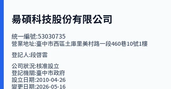 昜碩科技股份有限公司的照片-統編 53030735(臺中市) 公司登記資料與營業項目詳細圖表