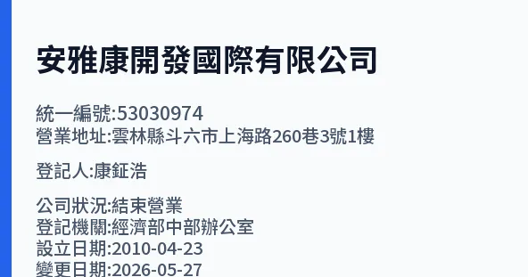 安雅康開發國際有限公司的照片-統編 53030974(雲林縣) 公司登記資料與營業項目詳細圖表