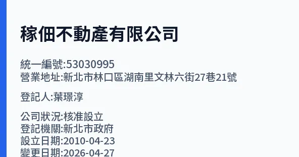 稼佃不動產有限公司的照片-統編 53030995(新北市) 公司登記資料與營業項目詳細圖表