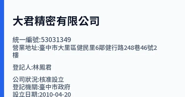 大君精密有限公司的照片-統編 53031349(臺中市) 公司登記資料與營業項目詳細圖表