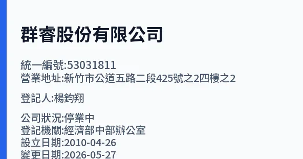 群睿股份有限公司的照片-統編 53031811(新竹縣) 公司登記資料與營業項目詳細圖表