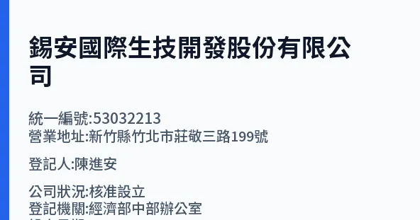 錫安國際生技開發股份有限公司的照片-統編 53032213(新竹縣) 公司登記資料與營業項目詳細圖表