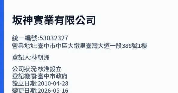 坂神實業有限公司的照片-統編 53032327(臺中市) 公司登記資料與營業項目詳細圖表