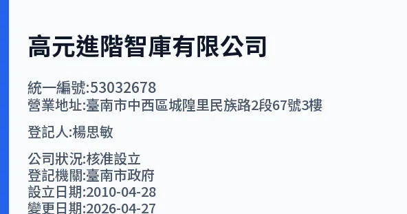 高元進階智庫有限公司的照片-統編 53032678(臺南市) 公司登記資料與營業項目詳細圖表