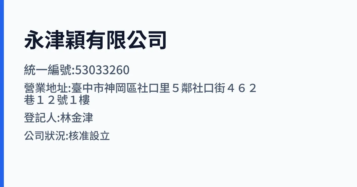 永津穎有限公司 - 統編 53033260(臺中市) 公司登記資料與營業項目詳細圖表