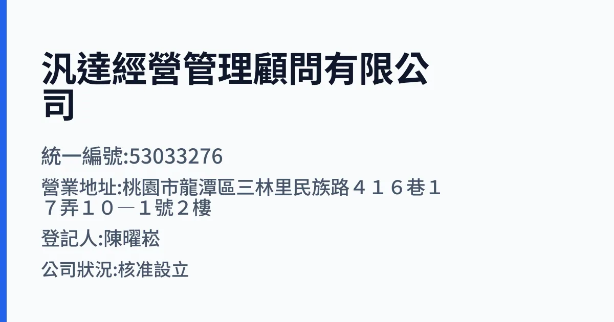 汎達經營管理顧問有限公司 - 統編 53033276(桃園市) 公司登記資料與營業項目詳細圖表