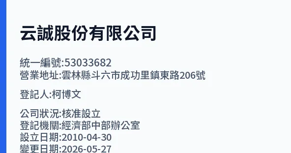云誠股份有限公司的照片-統編 53033682(雲林縣) 公司登記資料與營業項目詳細圖表