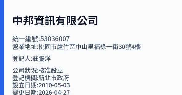 中邦資訊有限公司的照片-統編 53036007(桃園市) 公司登記資料與營業項目詳細圖表