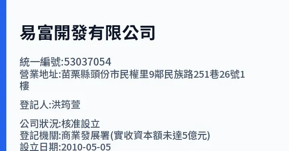 易富開發有限公司的照片-統編 53037054(苗栗縣) 公司登記資料與營業項目詳細圖表
