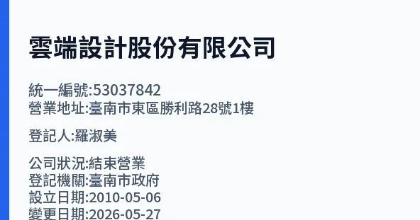 雲端設計股份有限公司的照片-統編 53037842(臺南市) 公司登記資料與營業項目詳細圖表