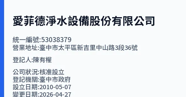 愛菲德淨水設備股份有限公司的照片-統編 53038379(臺中市) 公司登記資料與營業項目詳細圖表