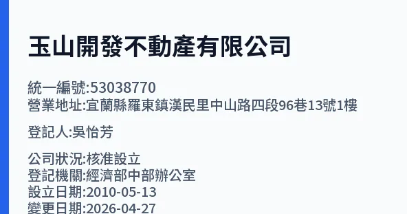 玉山開發不動產有限公司的照片-統編 53038770(宜蘭縣) 公司登記資料與營業項目詳細圖表