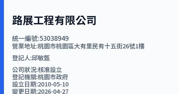 路展工程有限公司的照片-統編 53038949(桃園市) 公司登記資料與營業項目詳細圖表