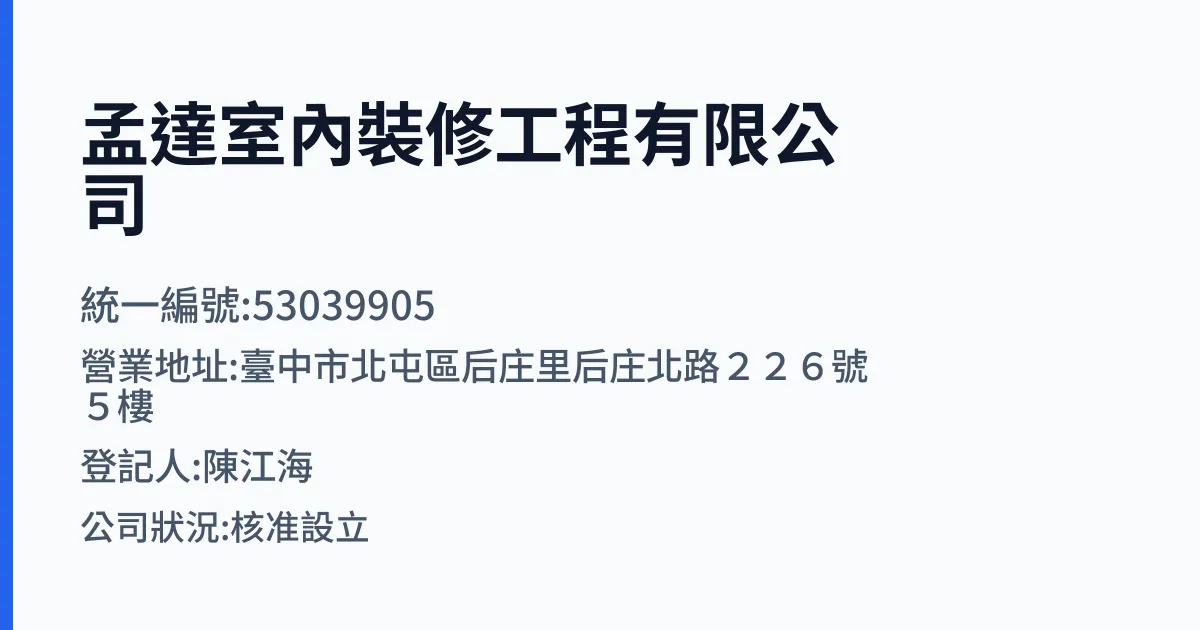 孟達室內裝修工程有限公司 - 統編 53039905(臺中市) 公司登記資料與營業項目詳細圖表
