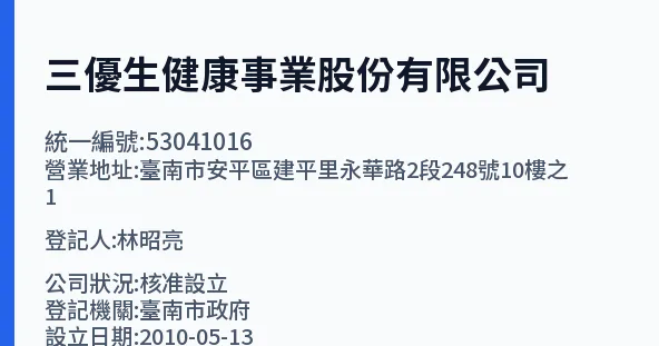 三優生健康事業股份有限公司的照片-統編 53041016(臺南市) 公司登記資料與營業項目詳細圖表