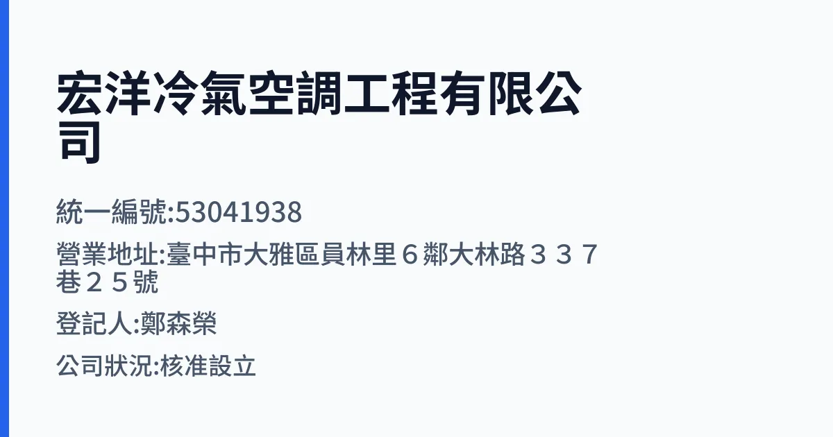 宏洋冷氣空調工程有限公司 - 統編 53041938(臺中市) 公司登記資料與營業項目詳細圖表