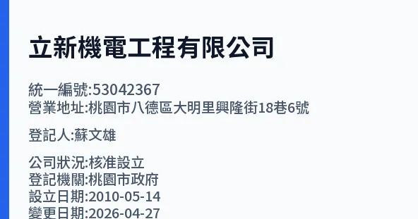 立新機電工程有限公司的照片-統編 53042367(桃園市) 公司登記資料與營業項目詳細圖表