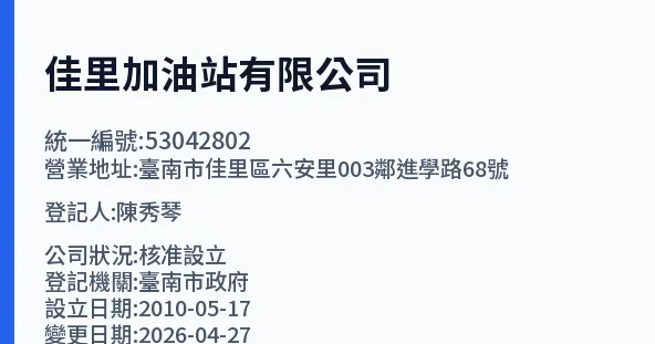 佳里加油站有限公司的照片-統編 53042802(臺南市) 公司登記資料與營業項目詳細圖表