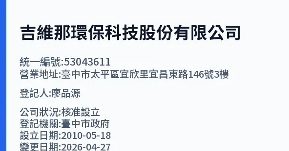 吉維那環保科技股份有限公司的照片-統編 53043611(臺中市) 公司登記資料與營業項目詳細圖表