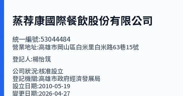 蒸荐康國際餐飲股份有限公司的照片-統編 53044484(高雄市) 公司登記資料與營業項目詳細圖表