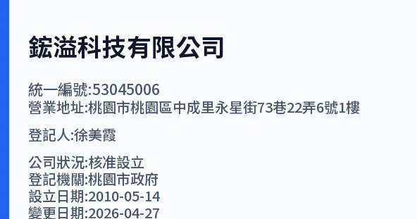 鋐溢科技有限公司的照片-統編 53045006(桃園市) 公司登記資料與營業項目詳細圖表
