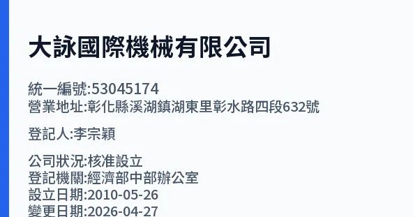 大詠國際機械有限公司的照片-統編 53045174(彰化縣) 公司登記資料與營業項目詳細圖表
