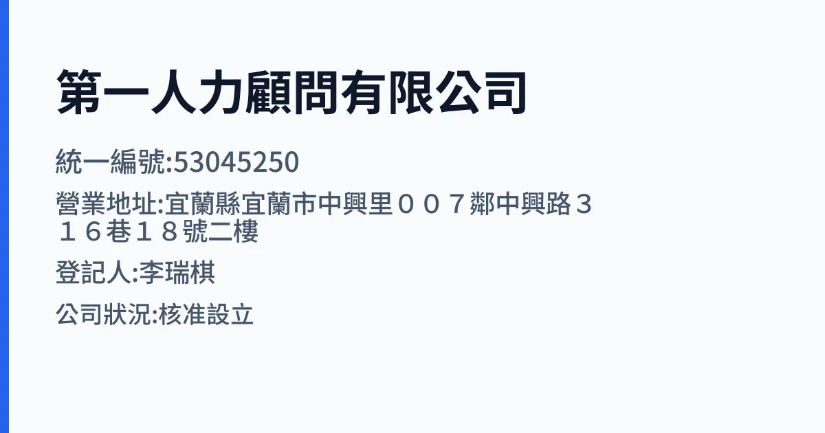 第一人力顧問有限公司 - 統編 53045250(宜蘭縣) 公司登記資料與營業項目詳細圖表