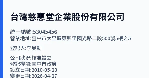 台灣慈惠堂企業股份有限公司的照片-統編 53045456(臺中市) 公司登記資料與營業項目詳細圖表