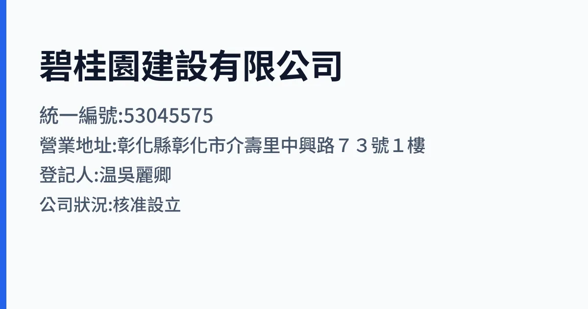 碧桂園建設有限公司 - 統編 53045575(彰化縣) 公司登記資料與營業項目詳細圖表