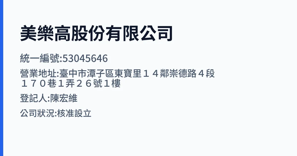 美樂高股份有限公司 - 統編 53045646(臺中市) 公司登記資料與營業項目詳細圖表
