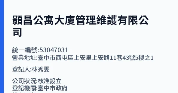 顥昌公寓大廈管理維護有限公司的照片-統編 53047031(臺中市) 公司登記資料與營業項目詳細圖表