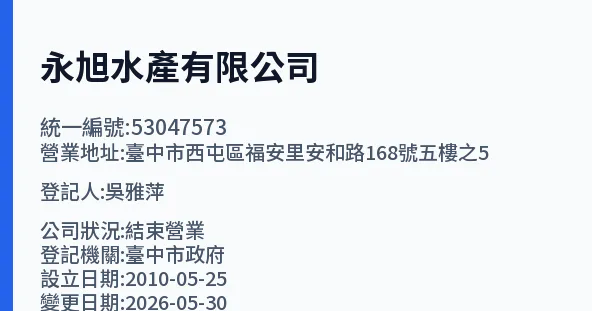 永旭水產有限公司的照片-統編 53047573(臺中市) 公司登記資料與營業項目詳細圖表