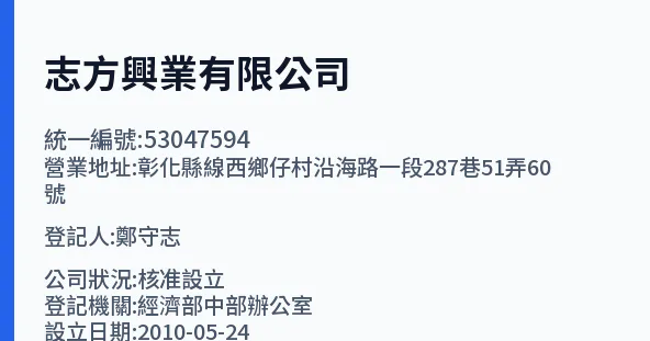 志方興業有限公司的照片-統編 53047594(彰化縣) 公司登記資料與營業項目詳細圖表