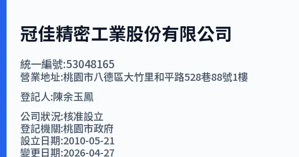 冠佳精密工業股份有限公司的照片-統編 53048165(桃園市) 公司登記資料與營業項目詳細圖表