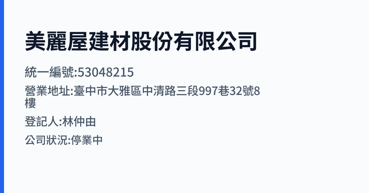 美麗屋建材股份有限公司 - 統編 53048215(臺中市) 公司登記資料與營業項目詳細圖表