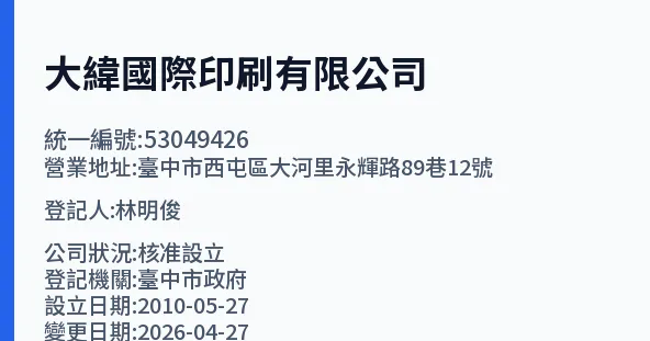 大緯國際印刷有限公司的照片-統編 53049426(臺中市) 公司登記資料與營業項目詳細圖表