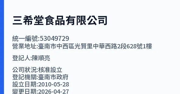 三希堂食品有限公司的照片-統編 53049729(臺南市) 公司登記資料與營業項目詳細圖表