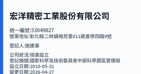 宏洋精密工業股份有限公司的照片-統編 53049827(彰化縣) 公司登記資料與營業項目詳細圖表