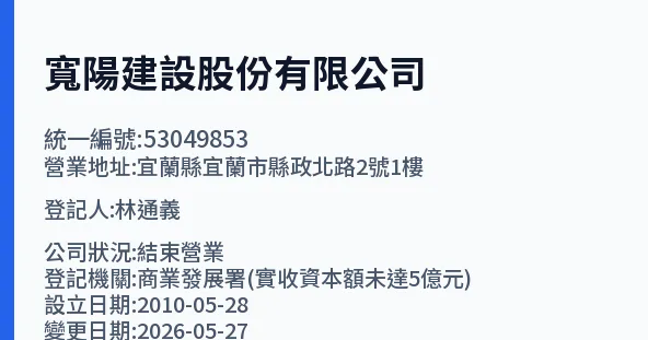 寬陽建設股份有限公司的照片-統編 53049853(宜蘭縣) 公司登記資料與營業項目詳細圖表