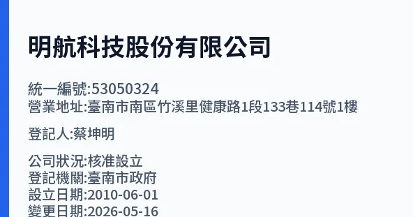 明航科技股份有限公司的照片-統編 53050324(臺南市) 公司登記資料與營業項目詳細圖表