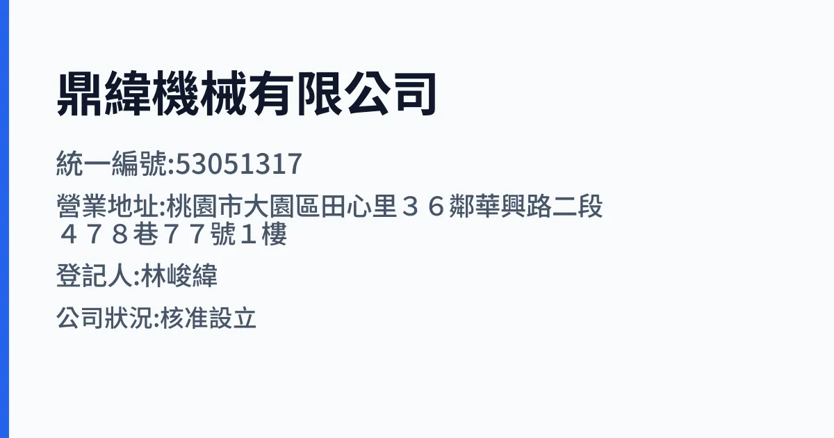 鼎緯機械有限公司 - 統編 53051317(桃園市) 公司登記資料與營業項目詳細圖表