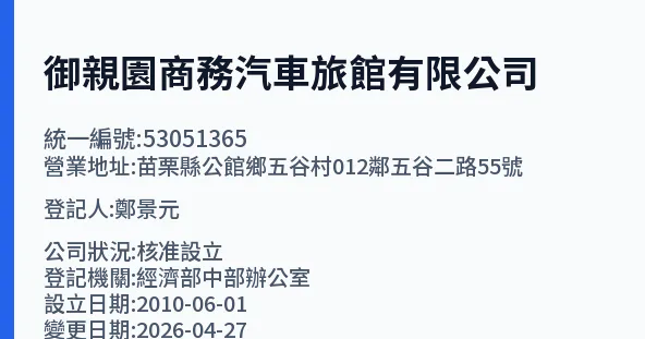 御親園商務汽車旅館有限公司的照片-統編 53051365(苗栗縣) 公司登記資料與營業項目詳細圖表