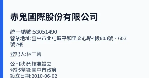 赤鬼國際股份有限公司的照片-統編 53051490(臺中市) 公司登記資料與營業項目詳細圖表