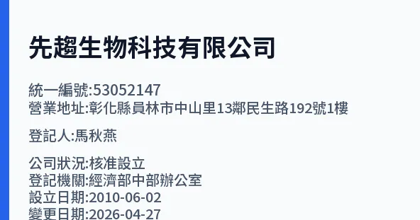 先趨生物科技有限公司的照片-統編 53052147(彰化縣) 公司登記資料與營業項目詳細圖表