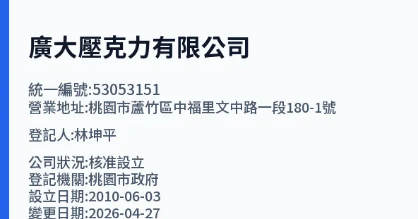 廣大壓克力有限公司的照片-統編 53053151(桃園市) 公司登記資料與營業項目詳細圖表