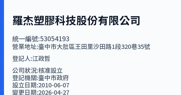 羅杰塑膠科技股份有限公司的照片-統編 53054193(臺中市) 公司登記資料與營業項目詳細圖表
