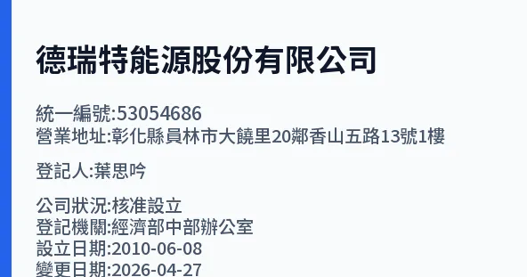德瑞特能源股份有限公司的照片-統編 53054686(彰化縣) 公司登記資料與營業項目詳細圖表