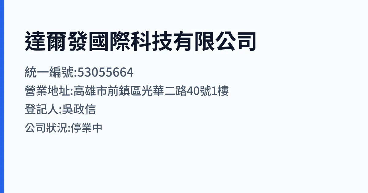 達爾發國際科技有限公司 - 統編 53055664(高雄市) 公司登記資料與營業項目詳細圖表