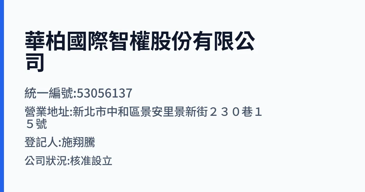 華柏國際智權股份有限公司 - 統編 53056137(新北市) 公司登記資料與營業項目詳細圖表